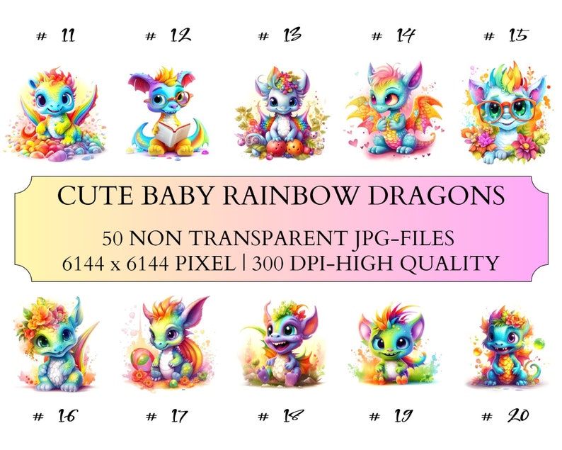50 Cute Baby Rainbow Dragon Pack Clipart | JPG | Full Commercial Use ...
