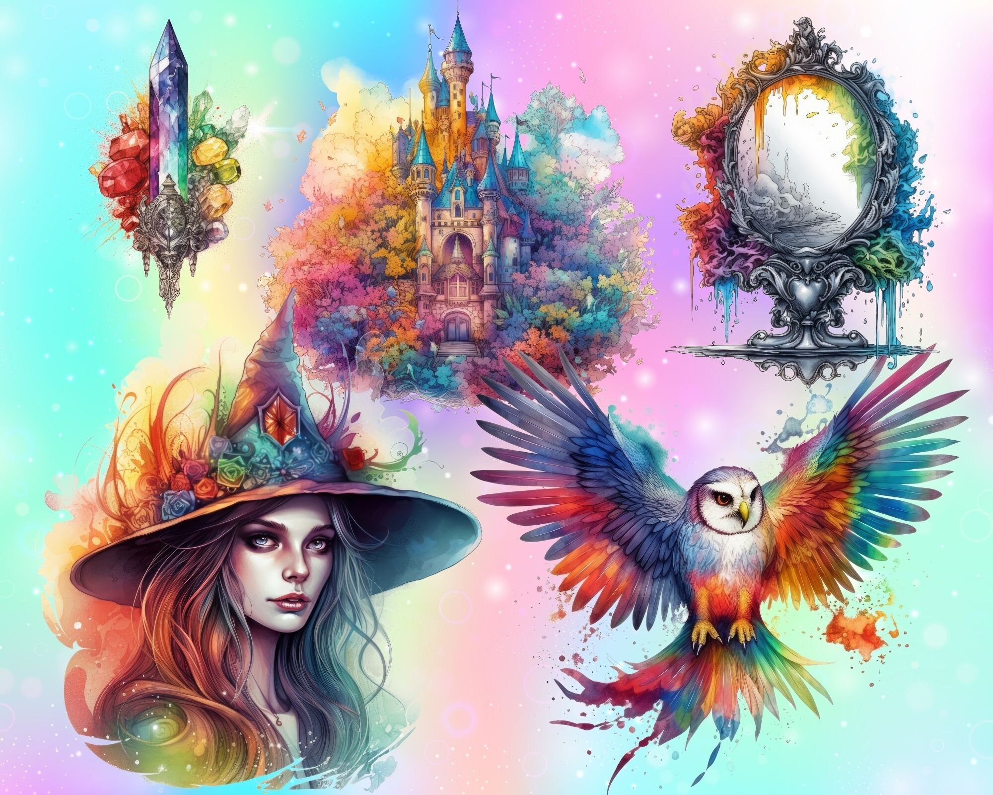 20 Rainbow Witch Pack 2 Clipart PNG Full Commercial Use Fantasy Clipart ...