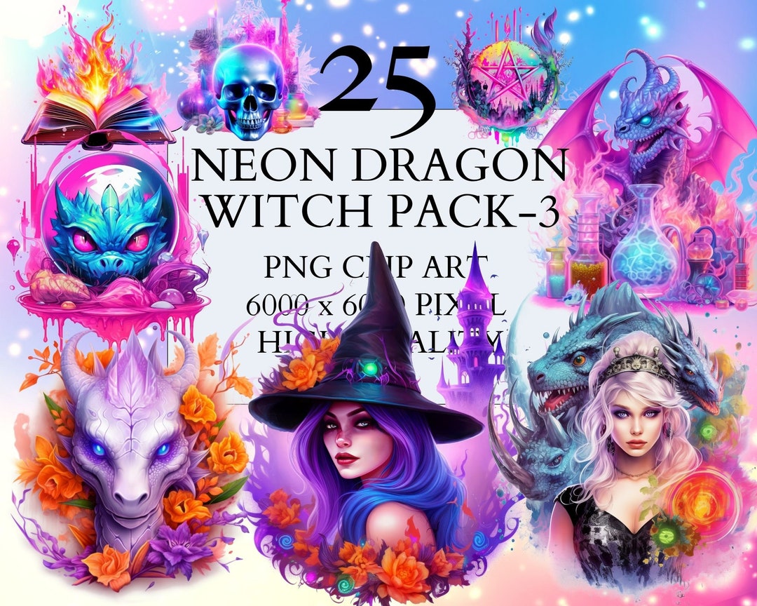 25 Neon Dragon Witch Pack-03 Clipart | PNG | Full Commercial Use ...
