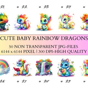 50 Cute Baby Rainbow Dragon Pack Clipart | JPG | Full Commercial Use ...