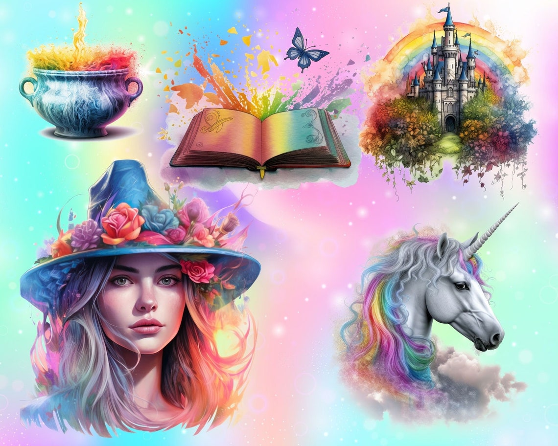 20 Rainbow Witch Pack 2 Clipart PNG Full Commercial Use Fantasy Clipart ...