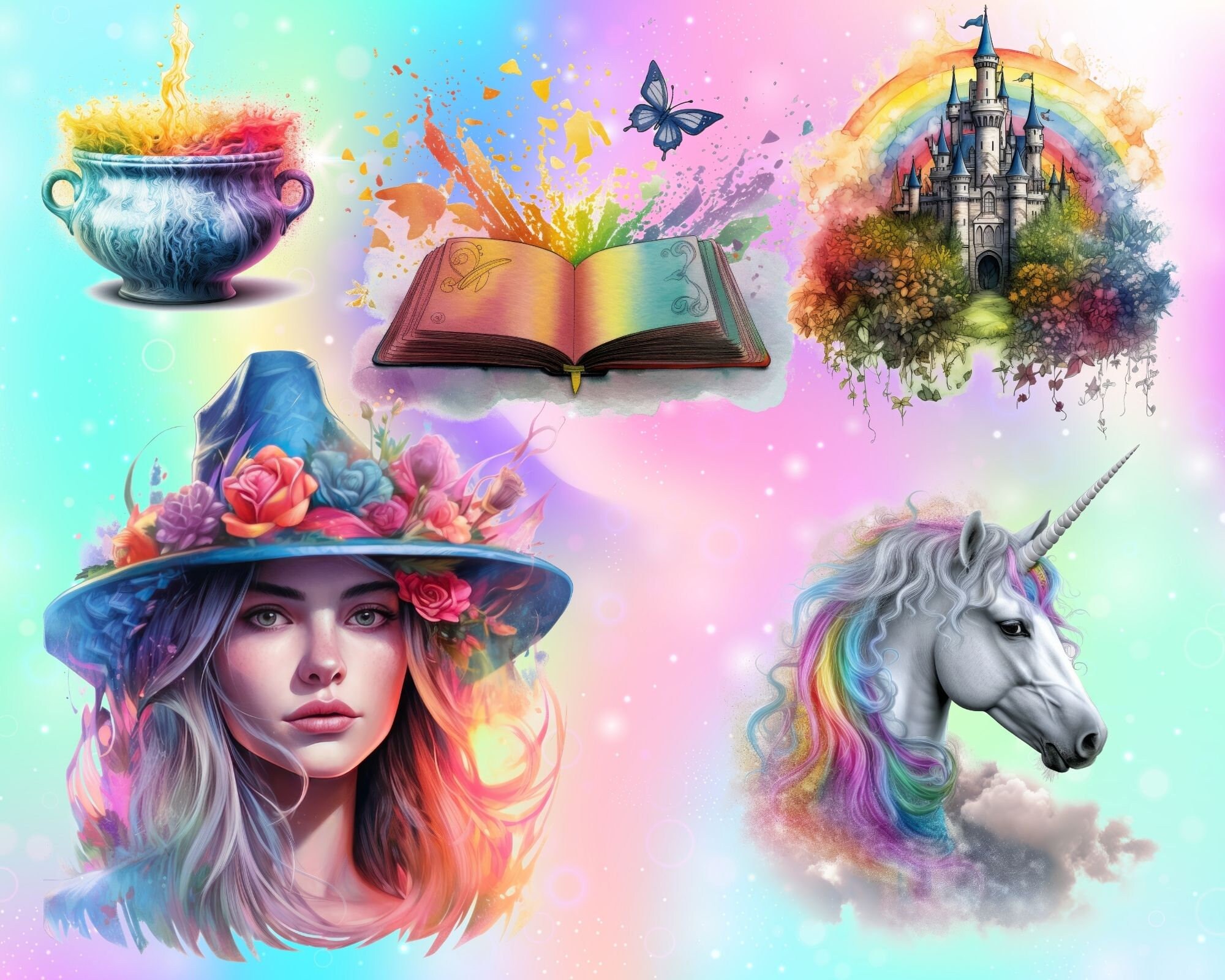 20 Rainbow Witch Pack 2 Clipart PNG Full Commercial Use Fantasy Clipart ...