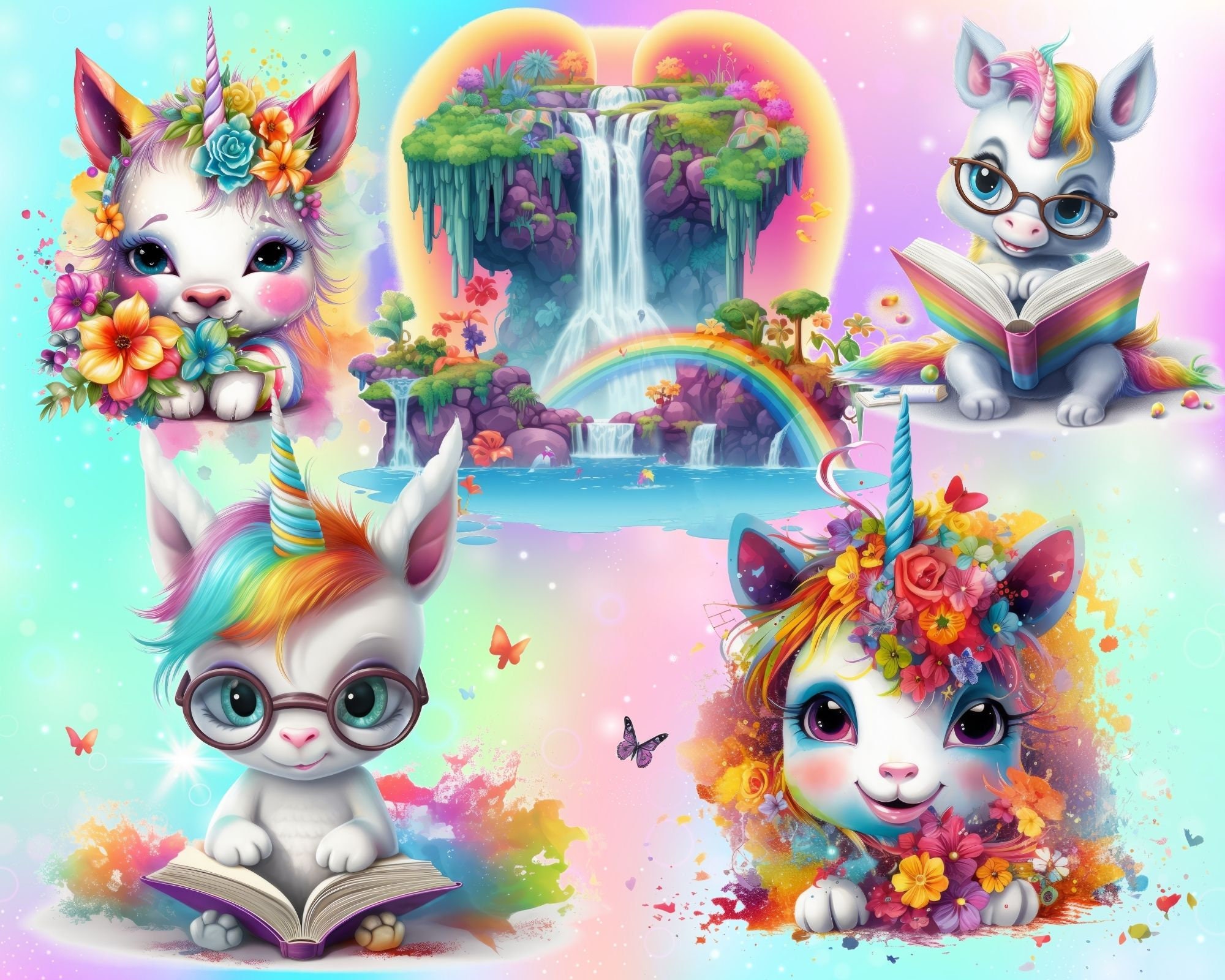 20 Cute Rainbow Unicorn Pack-2 Clipart PNG Full Commercial Use Fantasy ...