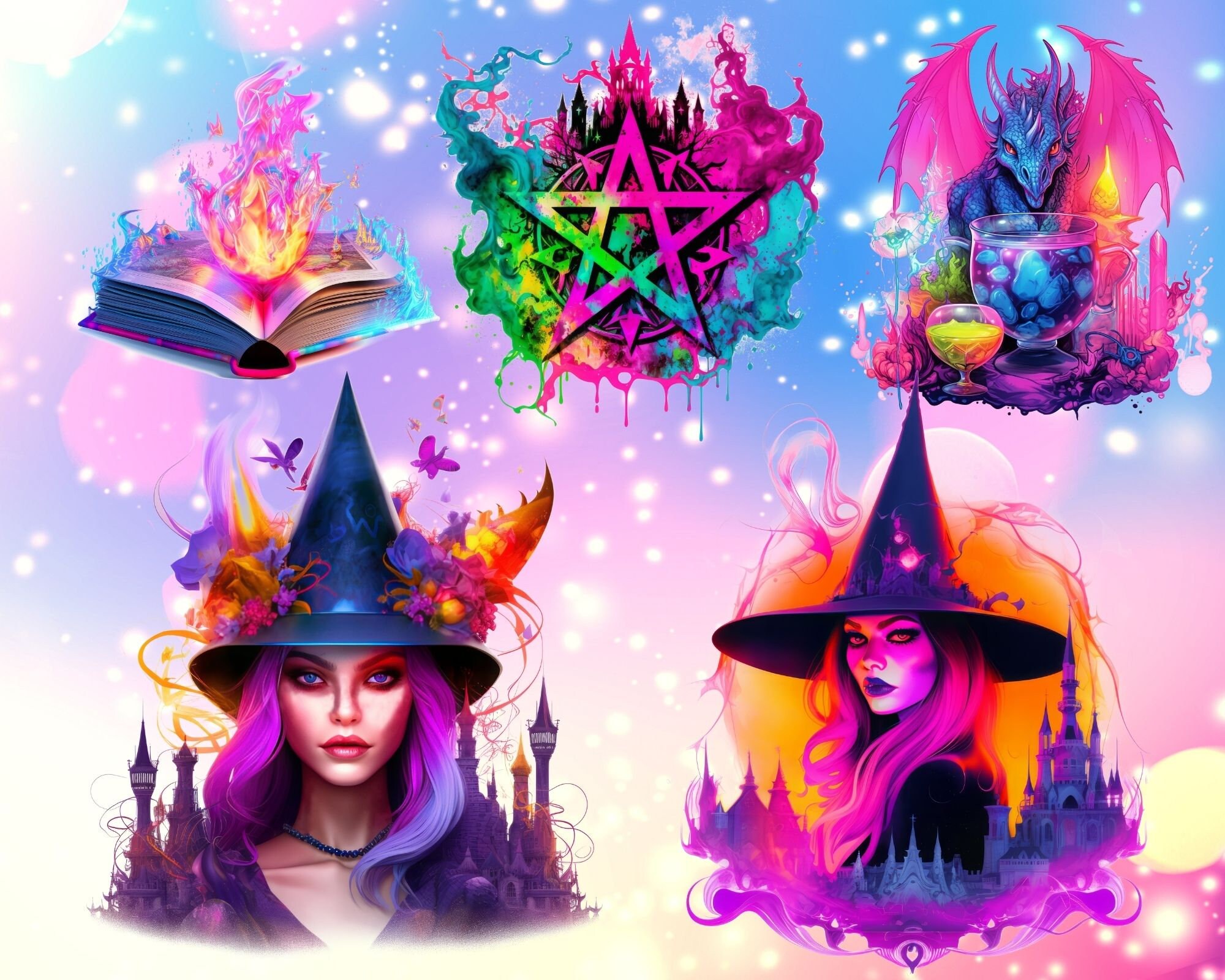 25 Neon Dragon Witch Pack-01 Clipart PNG Full Commercial Use Fantasy ...