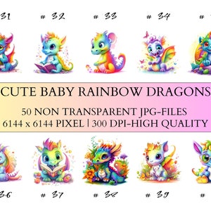 50 Cute Baby Rainbow Dragon Pack Clipart | JPG | Full Commercial Use | Fantasy Clipart | Wall ...