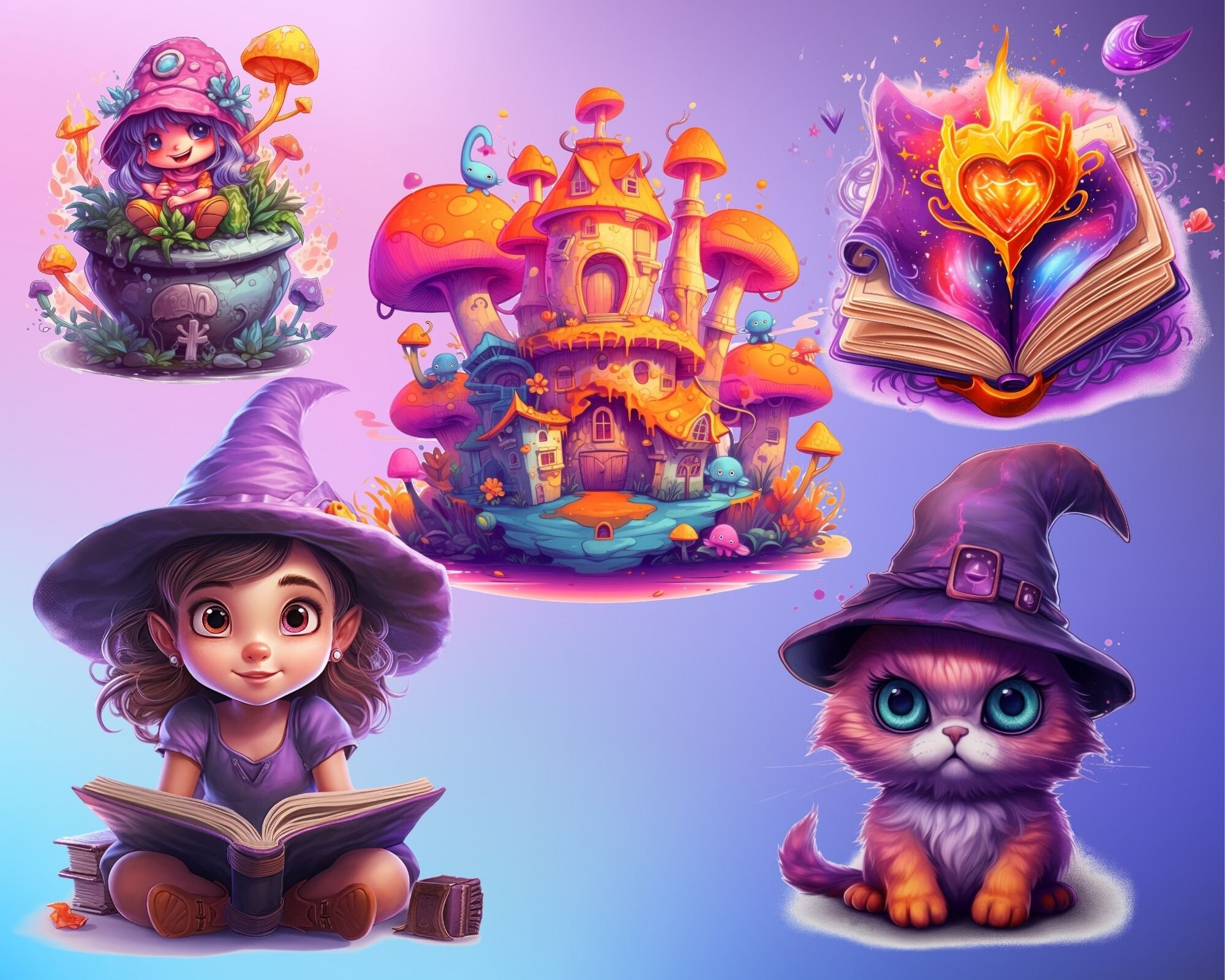 20 Cute Witch Pack 2 Clipart PNG Full Commercial Use Kids Clipart Witch ...
