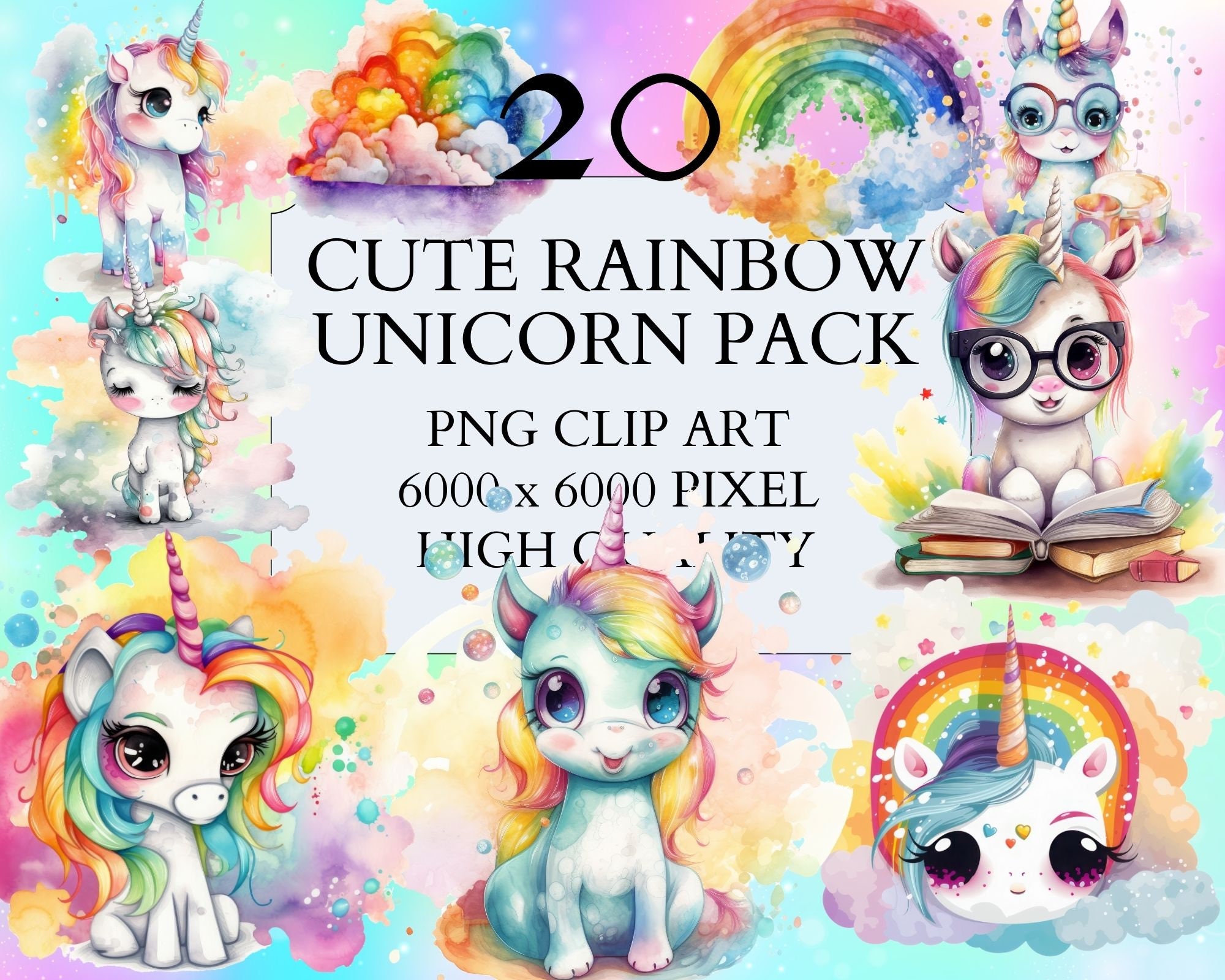 20 Cute Rainbow Unicorn Pack Clipart PNG Full Commercial - Etsy