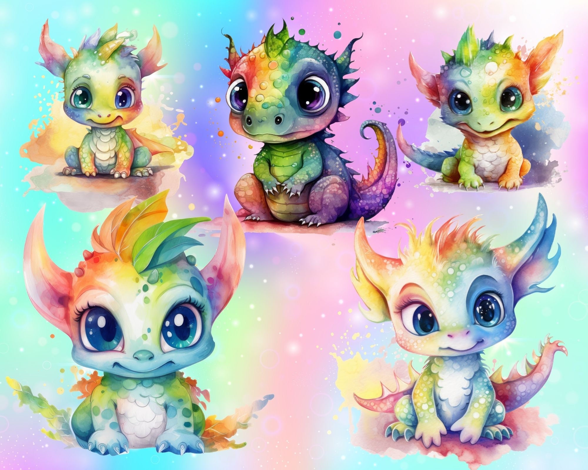 15 Baby Rainbow Dragon Pack Clipart PNG Full Commercial - Etsy