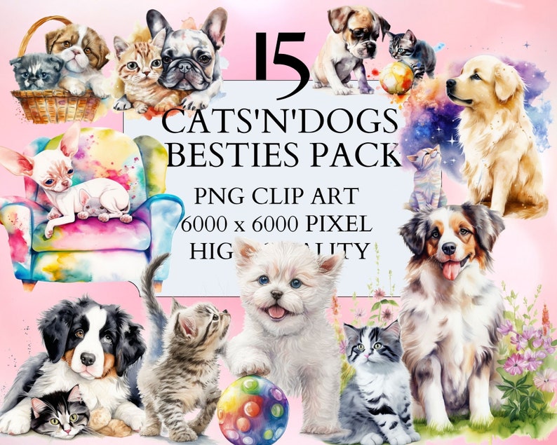 15 Cute Baby Cats'n'dogs Besties Clipart PNG Full - Etsy