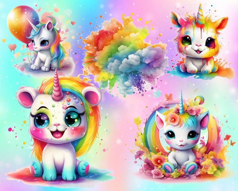 20 Cute Rainbow Unicorn Pack-2 Clipart PNG Full Commercial - Etsy