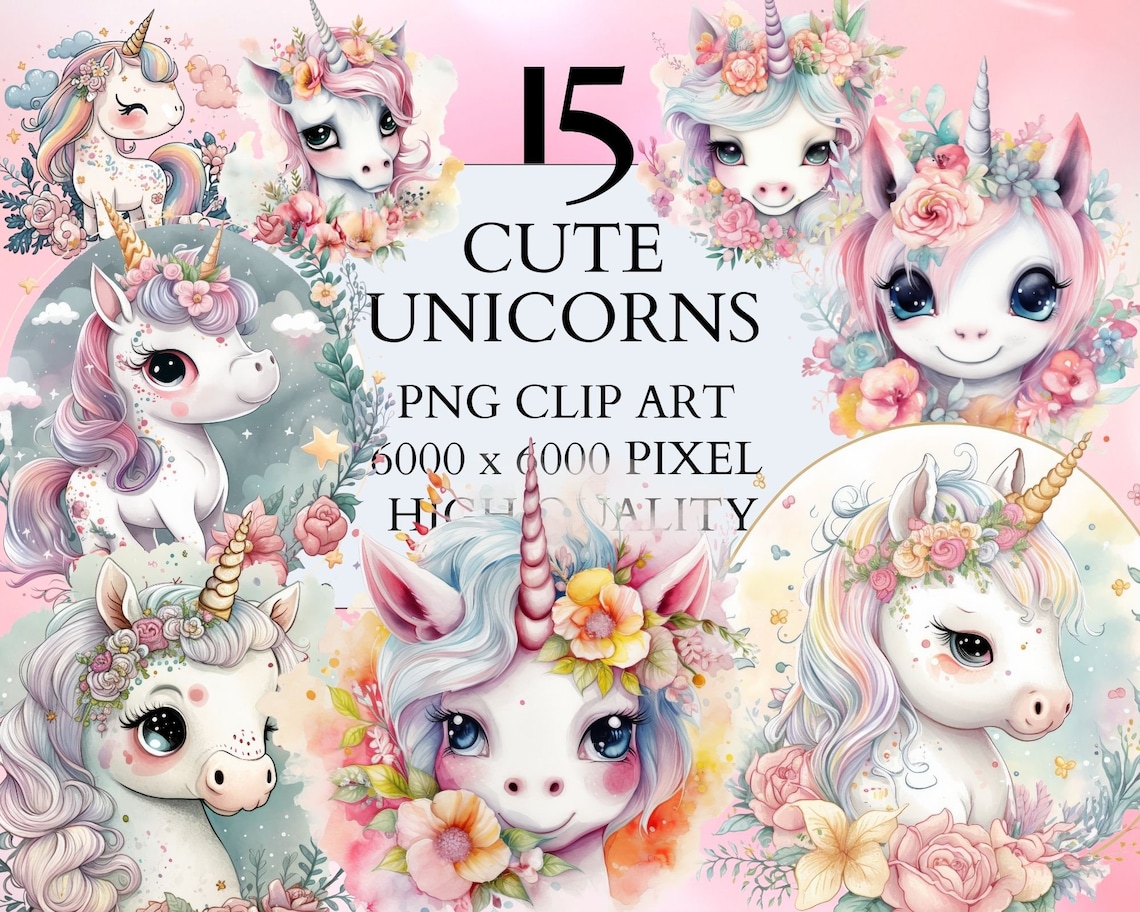 15 Cute Unicorn Pack Clipart PNG Full Commercial Use Fantasy Clipart ...
