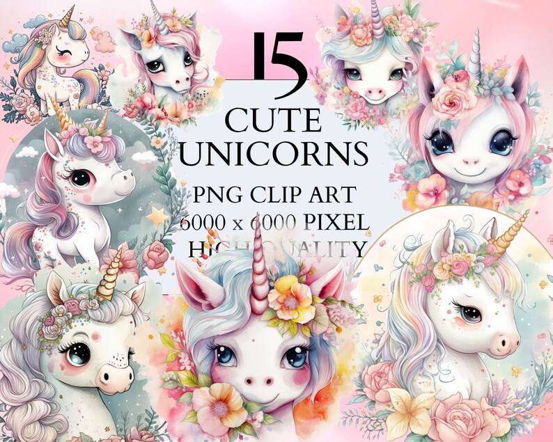 15 Cute Unicorn Pack Clipart PNG Full Commercial Use Fantasy Clipart ...