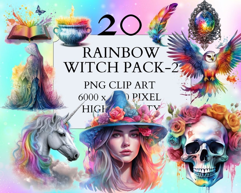 20 Rainbow Witch Pack 2 Clipart PNG Full Commercial Use - Etsy