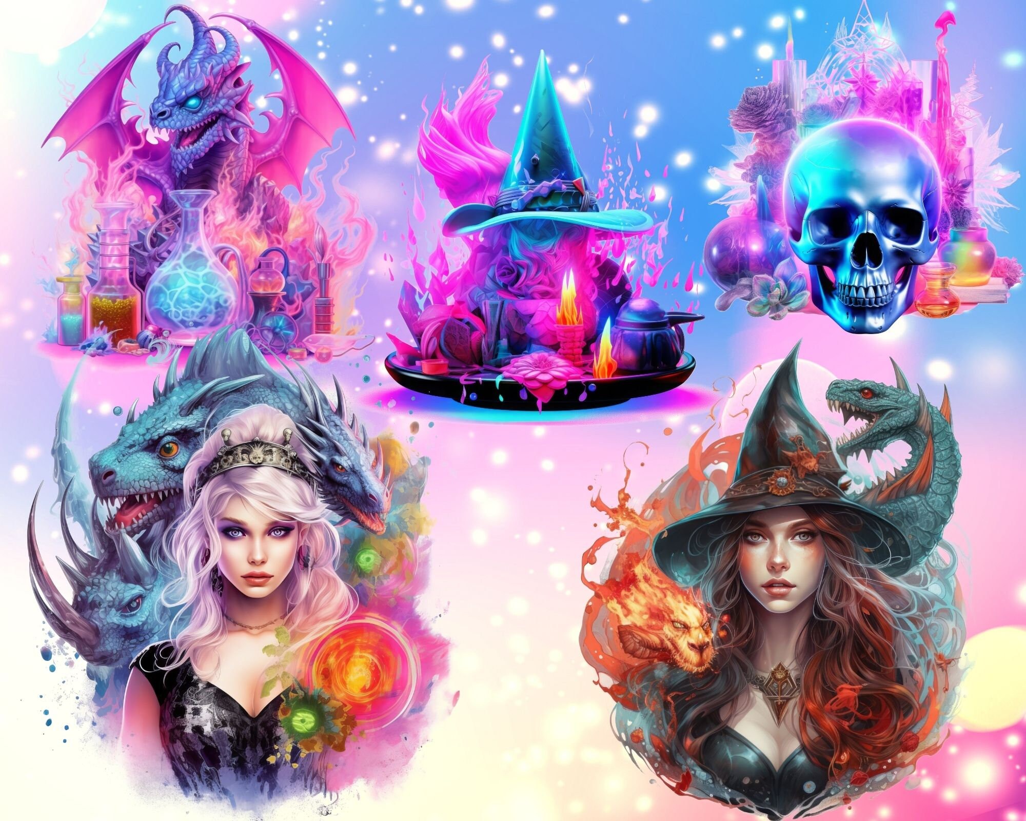 25 Neon Dragon Witch Pack-03 Clipart PNG Full Commercial Use Fantasy ...