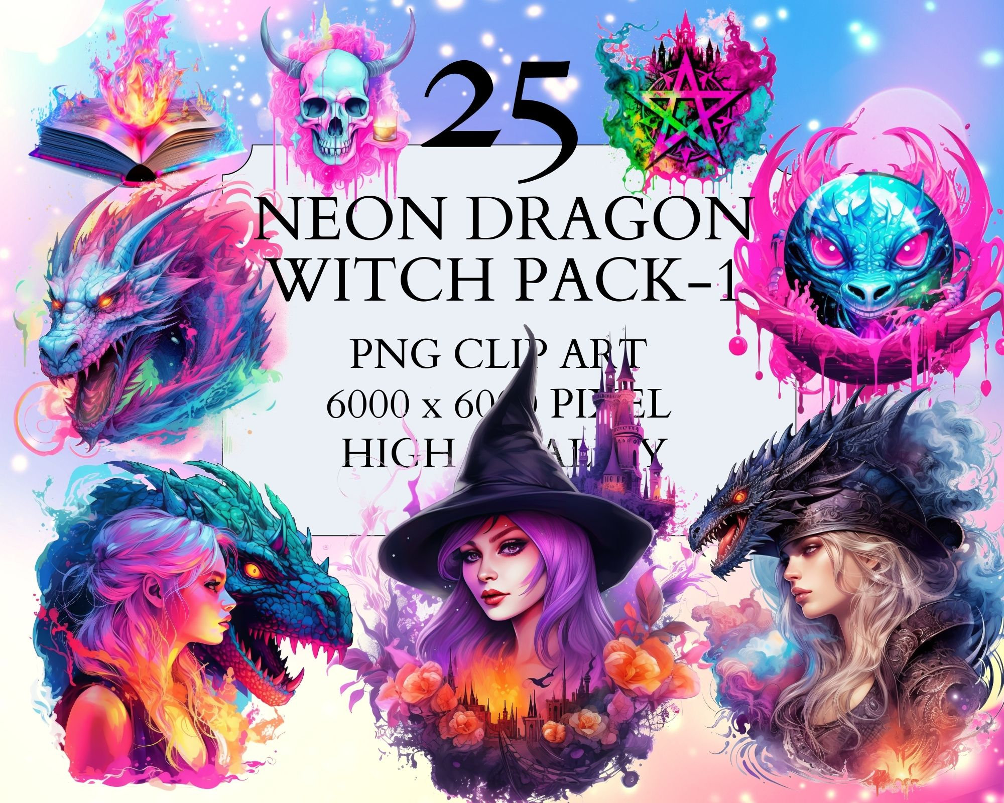25 Neon Dragon Witch Pack-01 Clipart PNG Full Commercial Use Fantasy ...