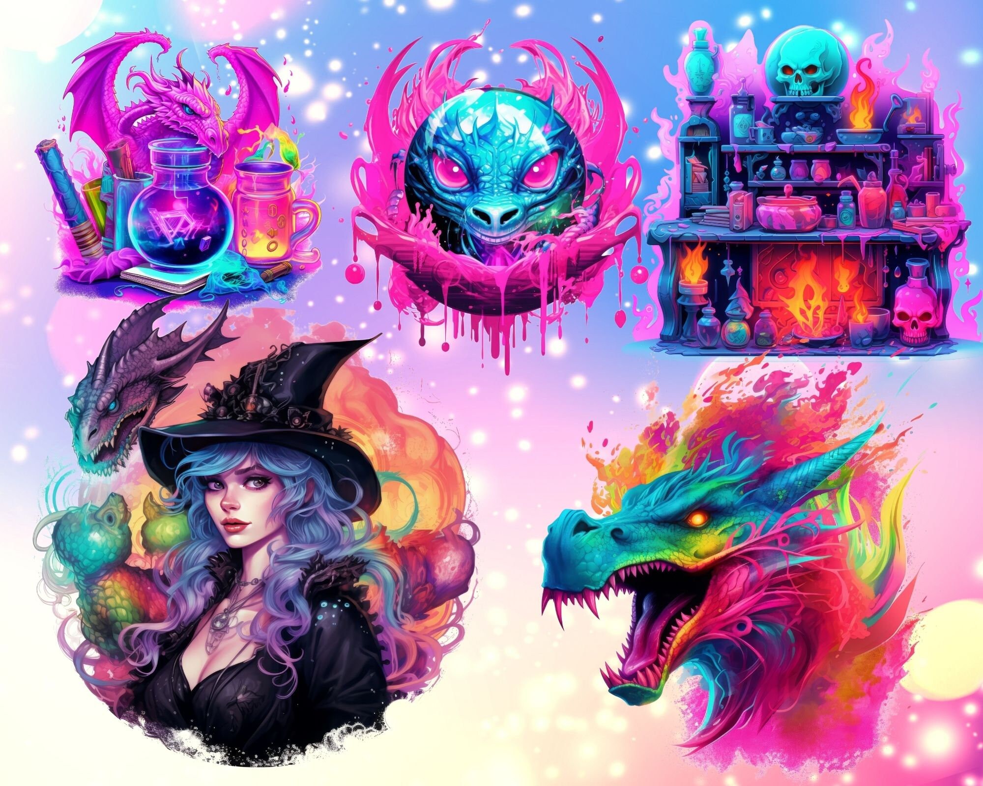 25 Neon Dragon Witch Pack-01 Clipart PNG Full Commercial Use Fantasy ...