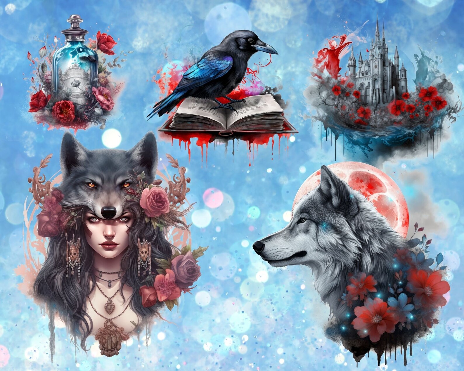 15 Wolf Witch Pack-01 Clipart PNG Full Commercial Use Fantasy Clipart ...