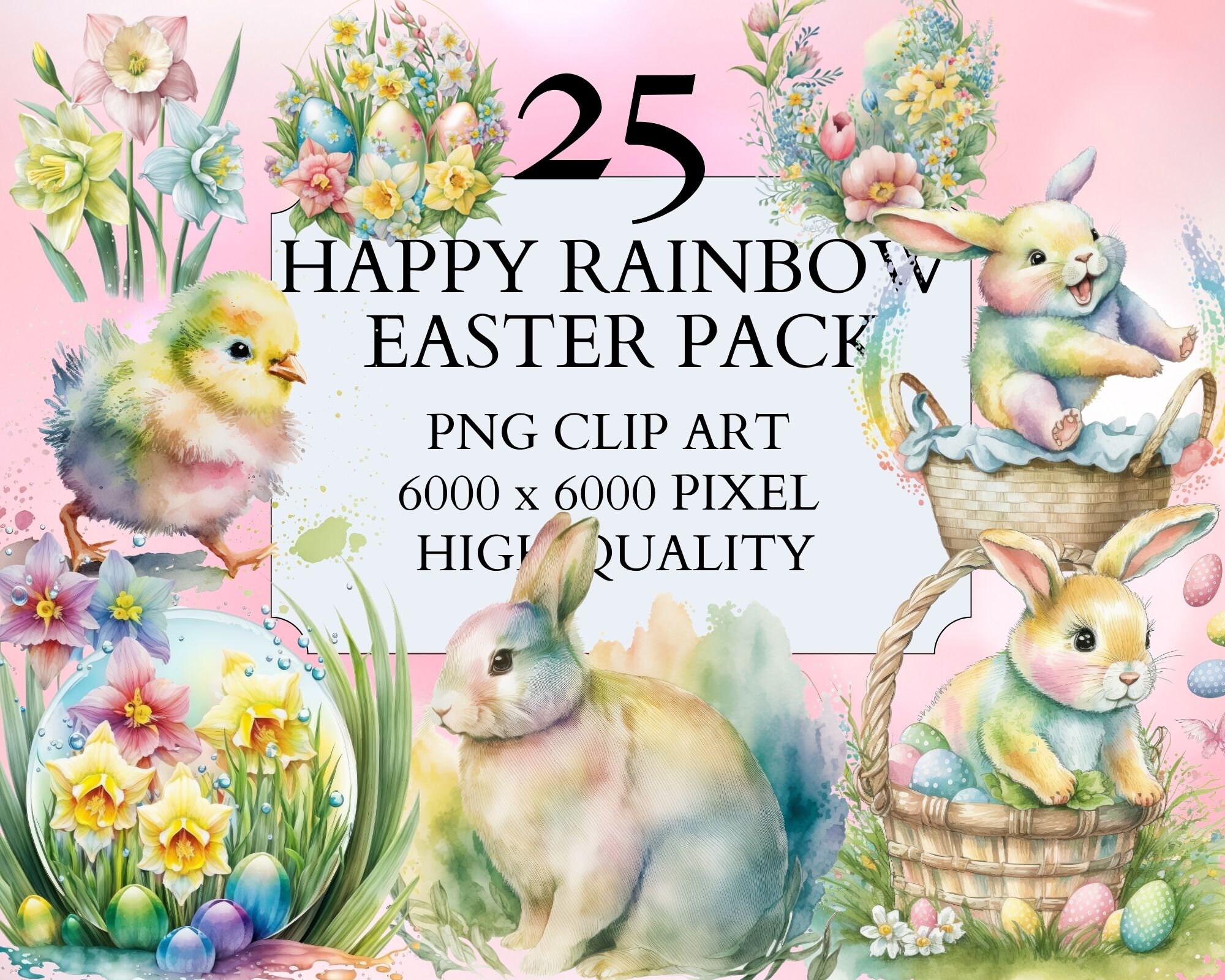 25 Happy Rainbow Easter Clipart PNG Full Commercial Use Bunny Clipart ...