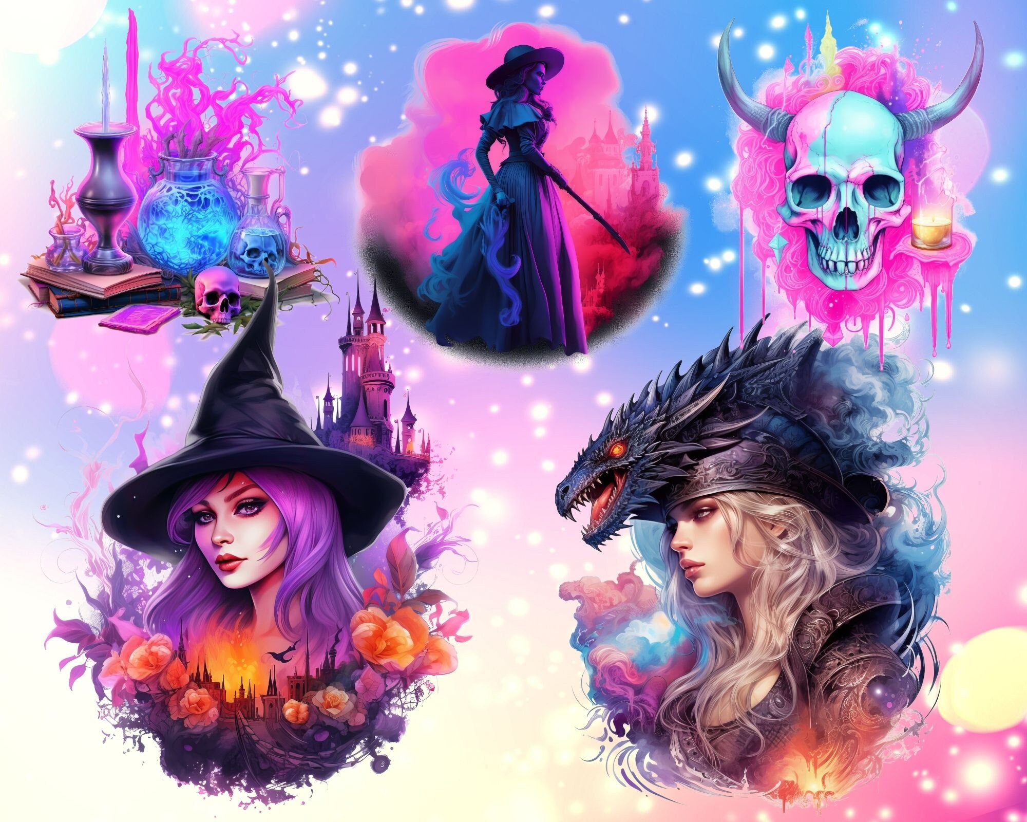 25 Neon Dragon Witch Pack-01 Clipart PNG Full Commercial Use Fantasy ...