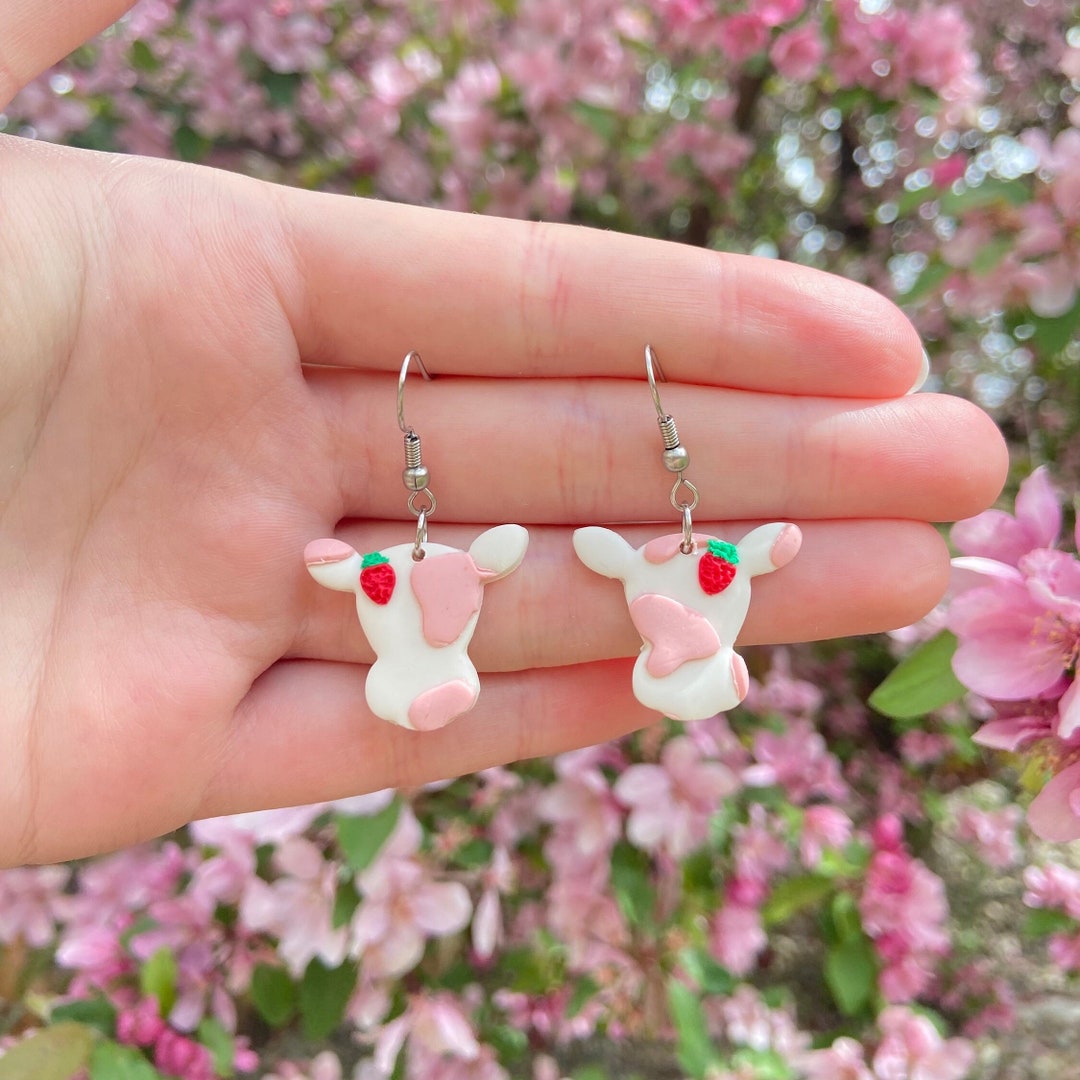 Handmade Polymer Clay Strawberry Cow Earrings, Cow Earrings, Rodeo ...