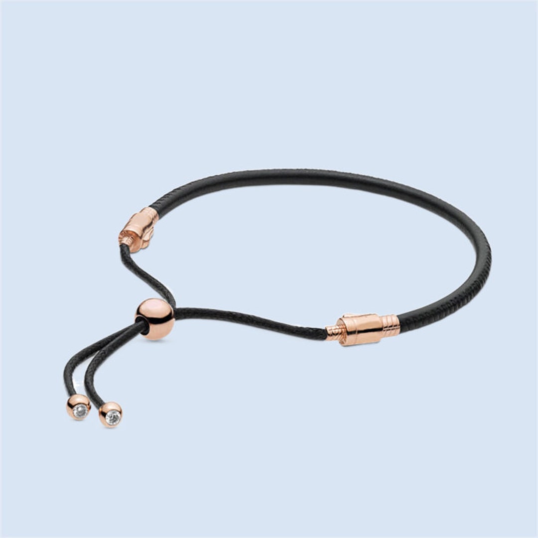 Pandora Black Leather and Rose Gold Slider Bracelet - Etsy