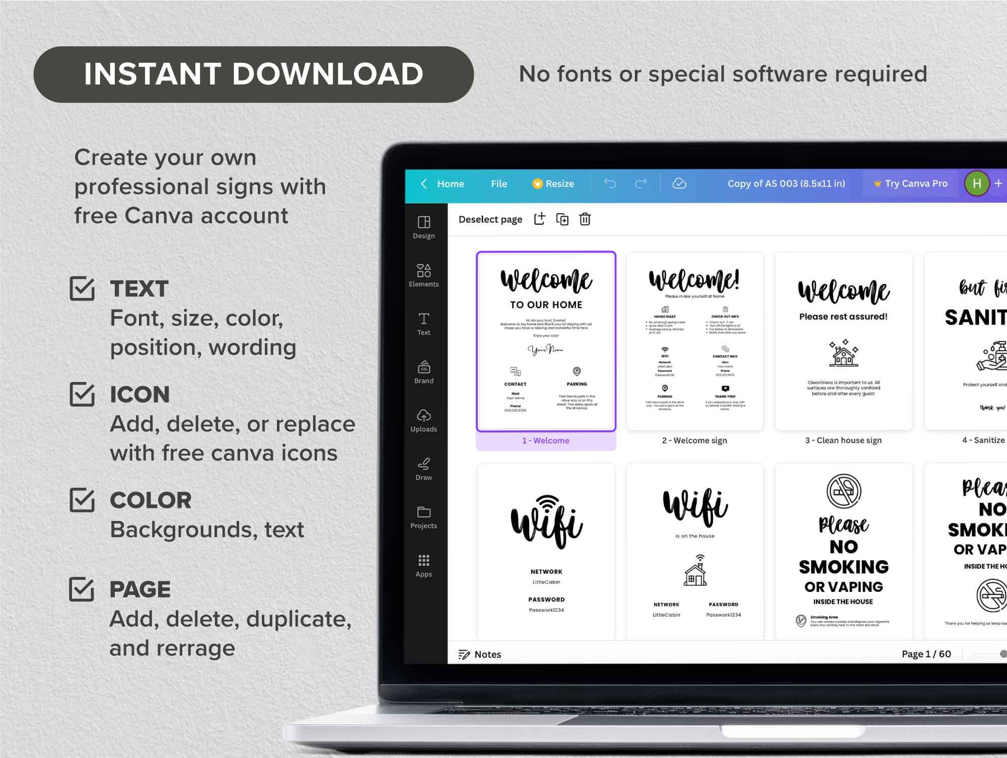 Airbnb Sign Bundle, Canva Template, Welcome Sign, Don't Flush Sign, No ...