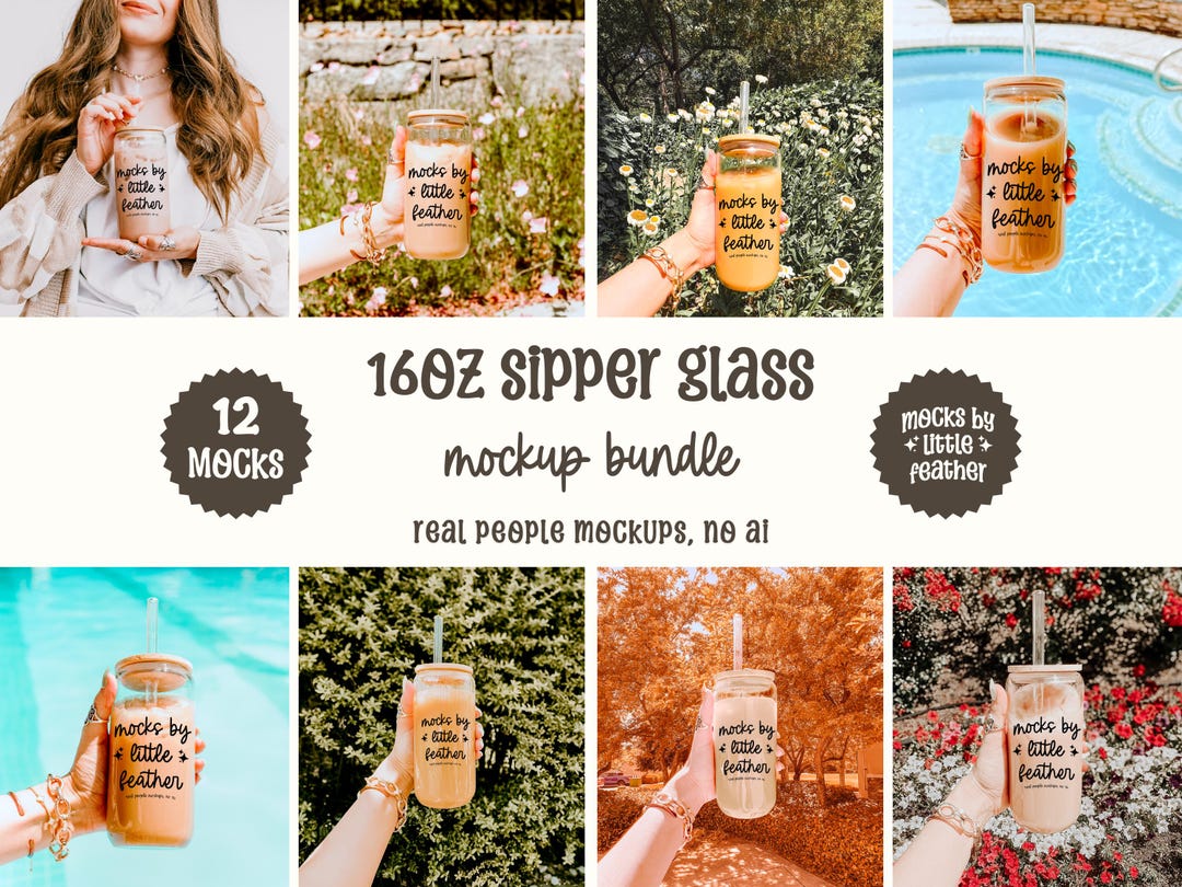 Sipper Glass 16oz Mockup Bundle, Glass Can POD Mock-up, Trendy Cute ...