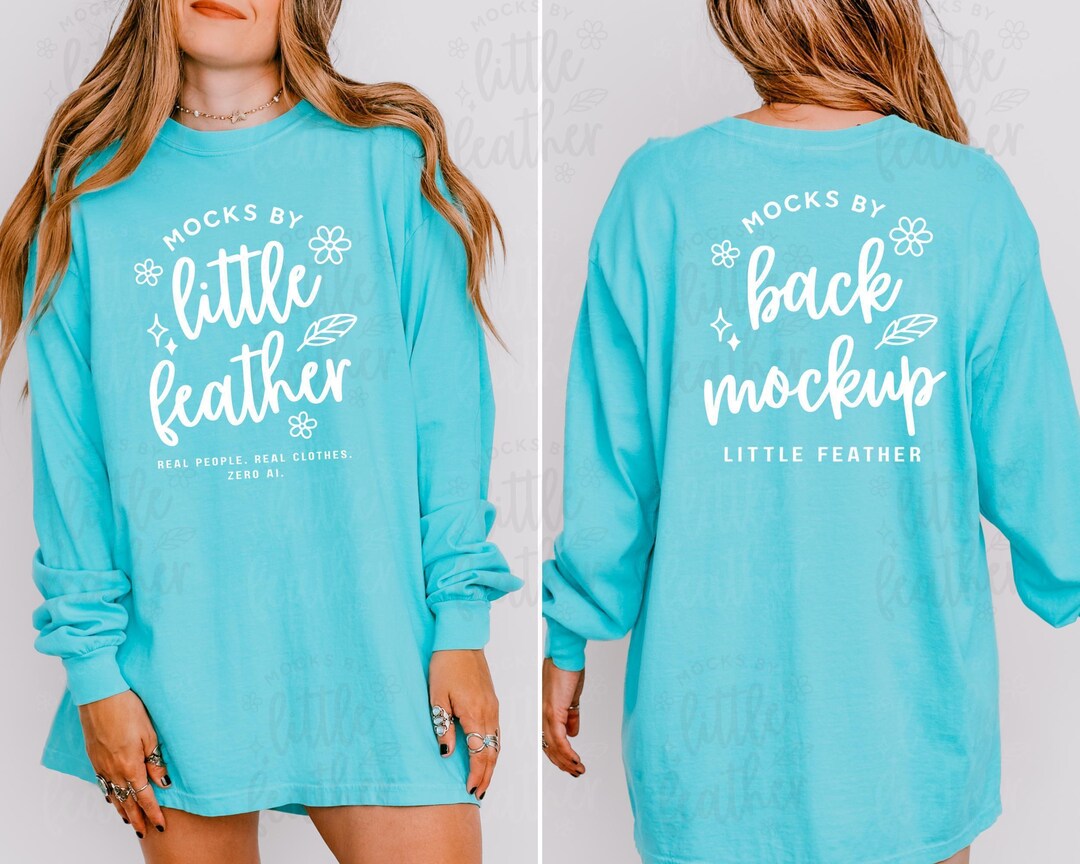 Lagoon Blue Comfort Colors 6014 Front Back Mockup | C6014 Long Sleeve ...
