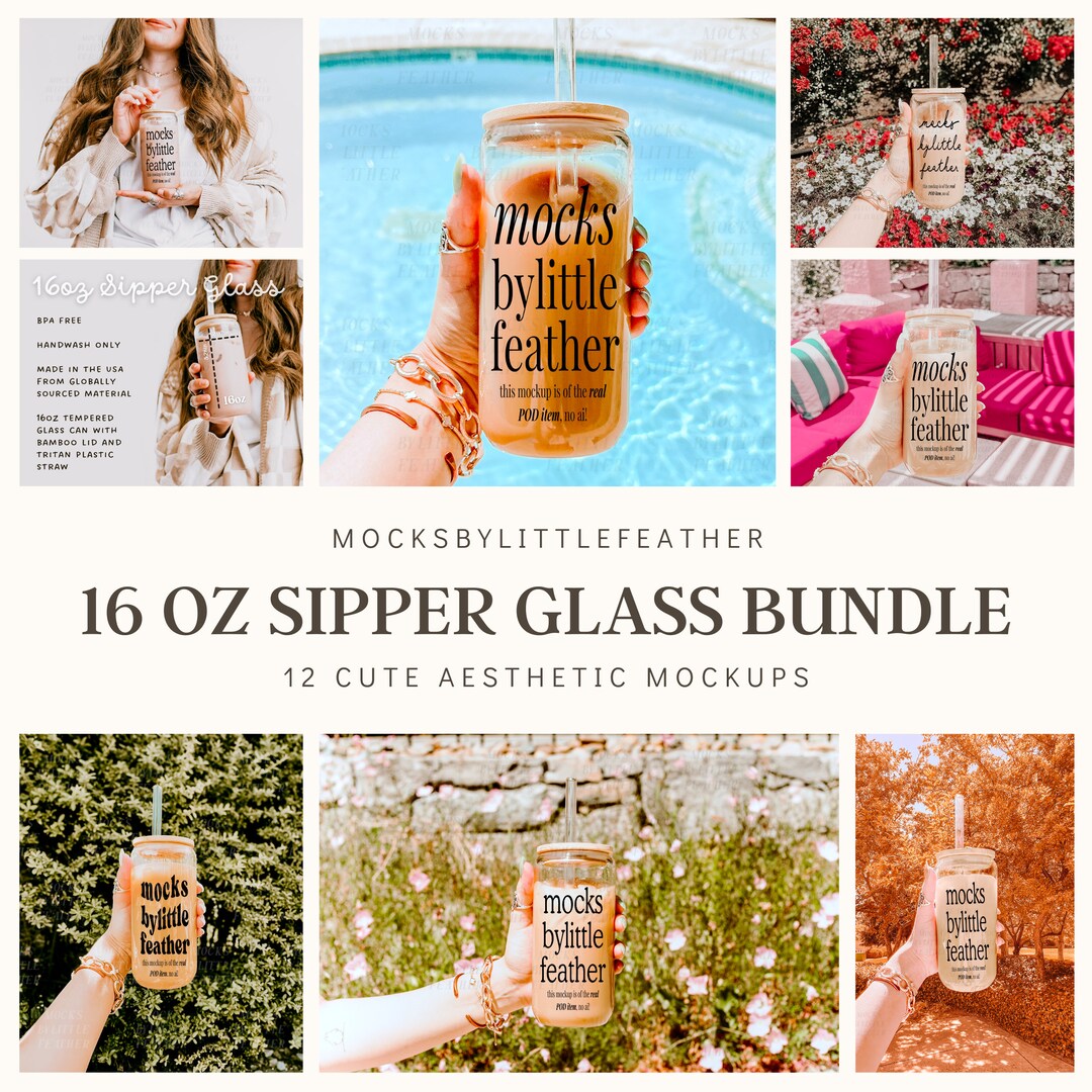 Sipper Glass 16oz Mockup Bundle, Glass Can POD Mock-up, Trendy Cute ...