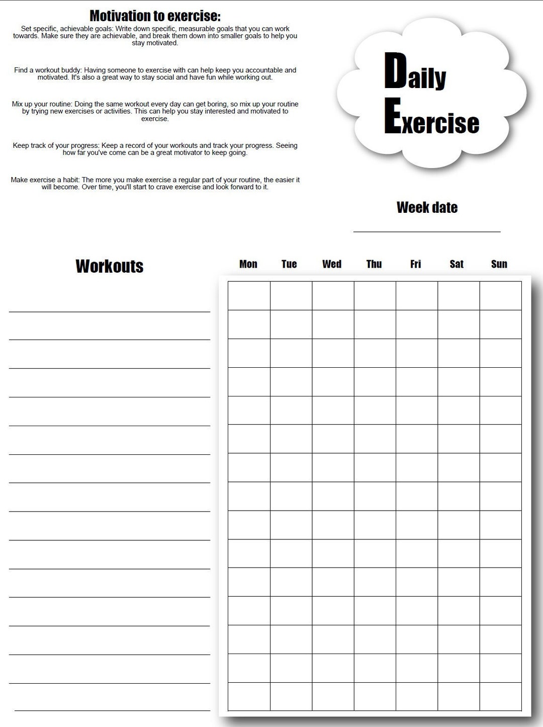 Daily Exercise and Goals - PDF Forms - Etsy