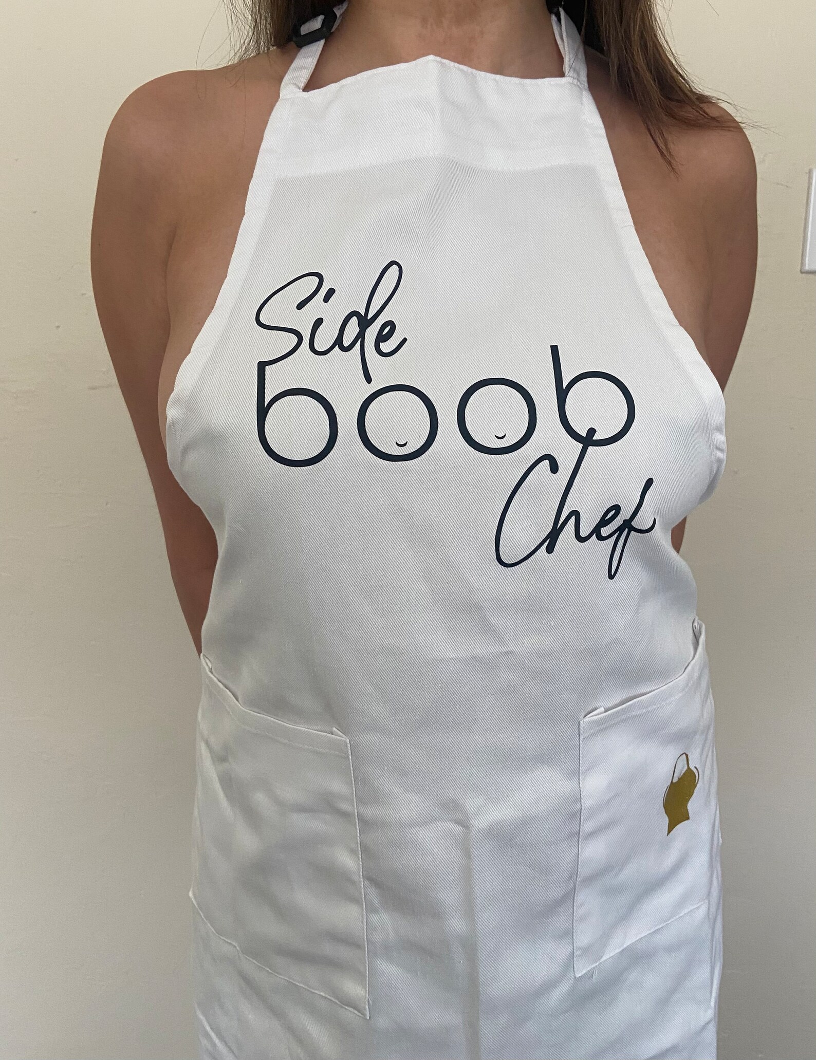 Side Boob Chef Apron In Black Logo On White Etsy 3535