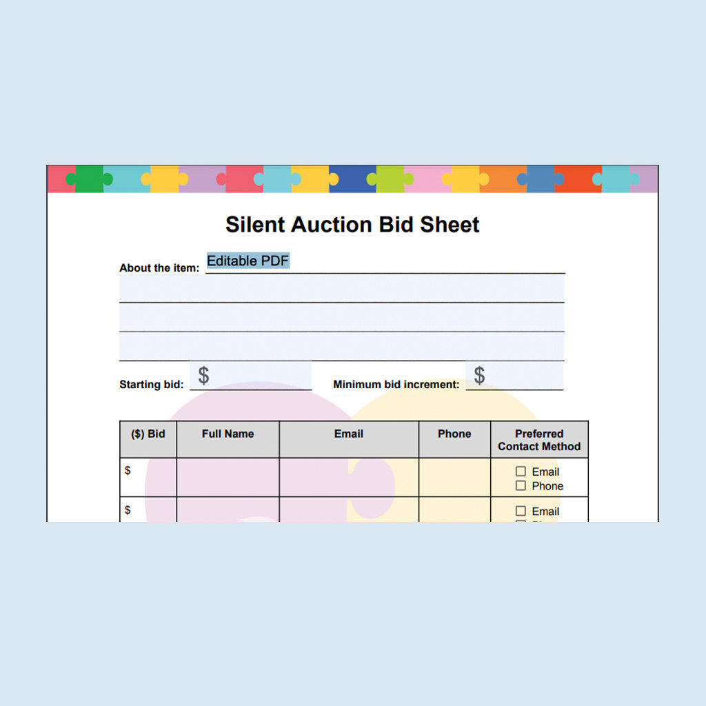 Editable PDF, Silent Auction Sheet for Charitable Events, Inclusive ...