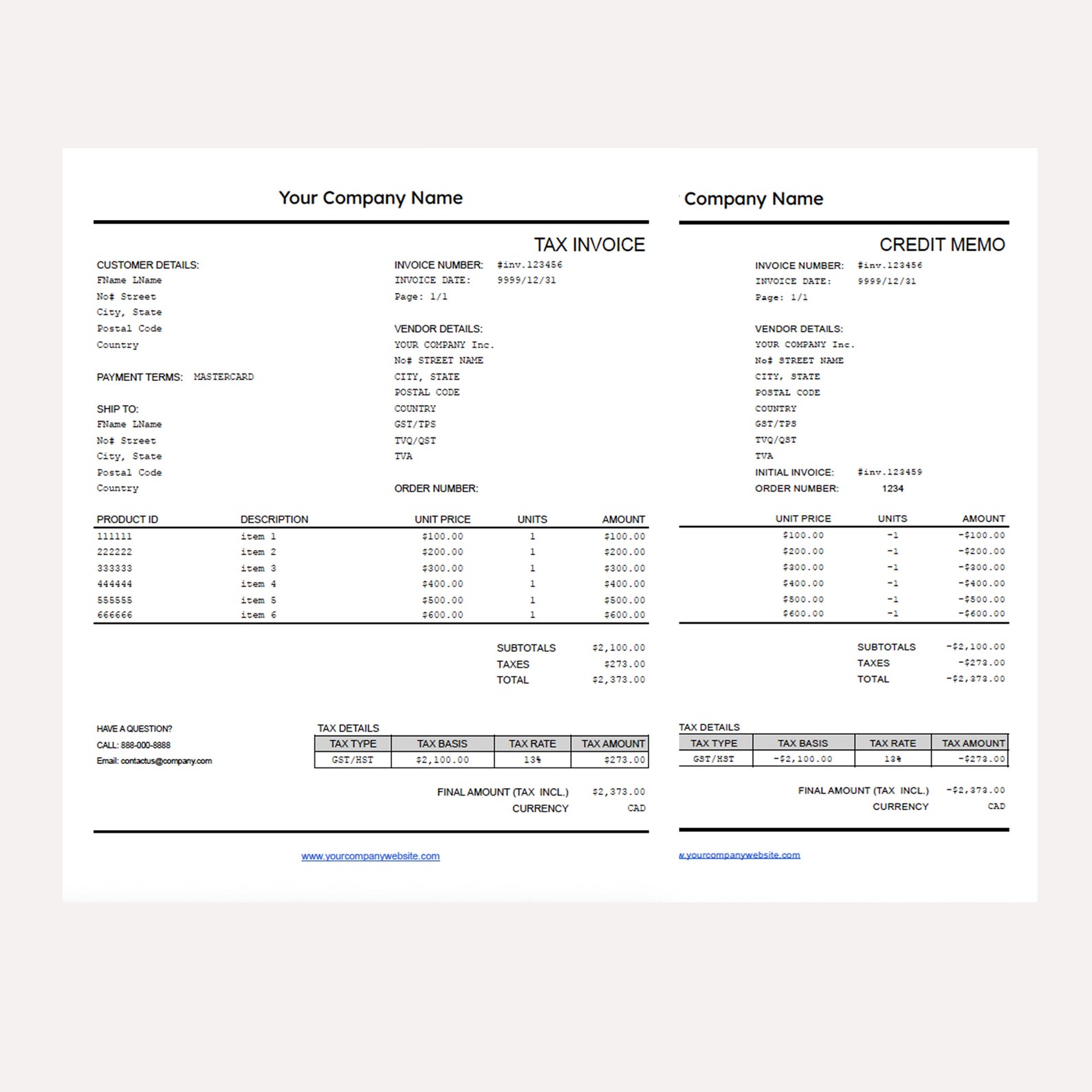 Invoice AND Credit Memo Templates, Support Multi-pages, Editable in ...