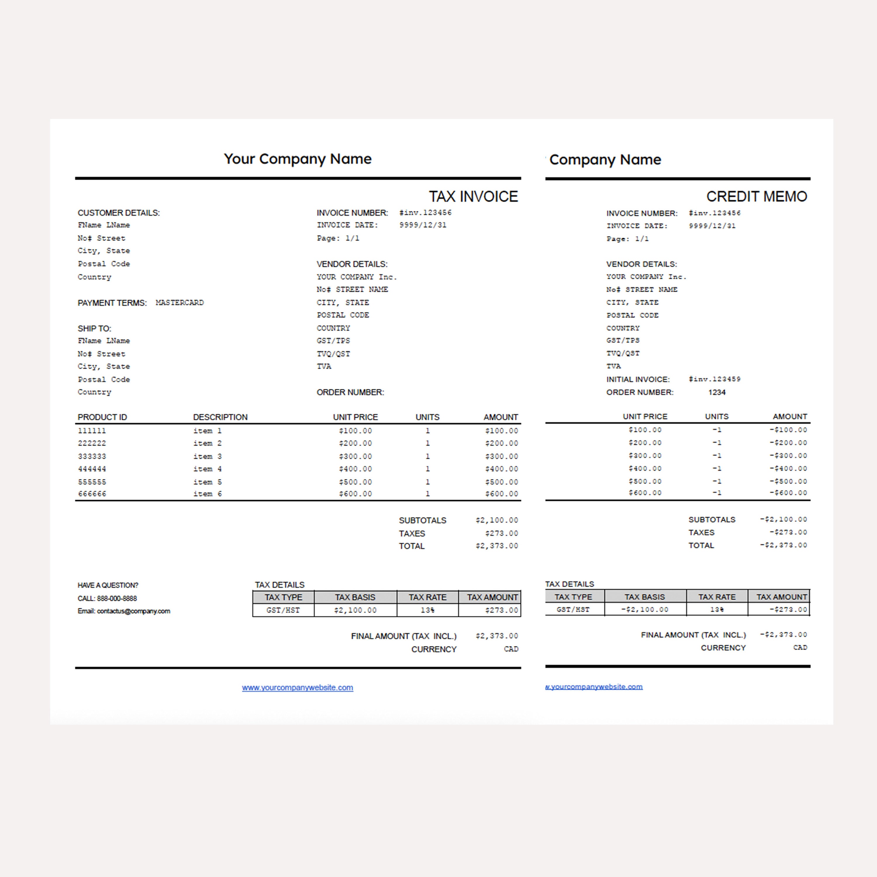 Invoice AND Credit Memo Templates, Support Multi-pages, Editable in ...