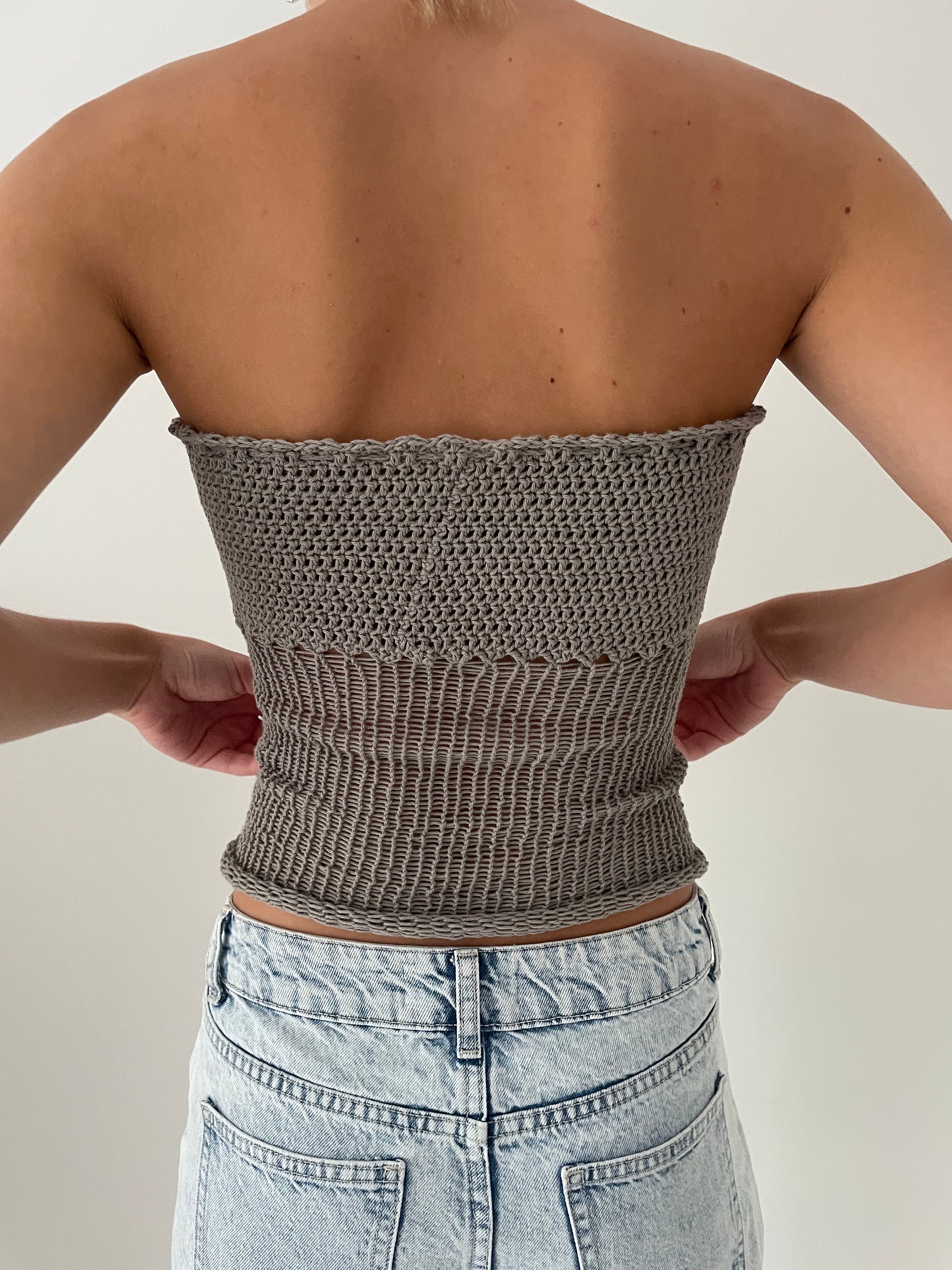 Grey Knit Crochet Bow Tube Top - Etsy