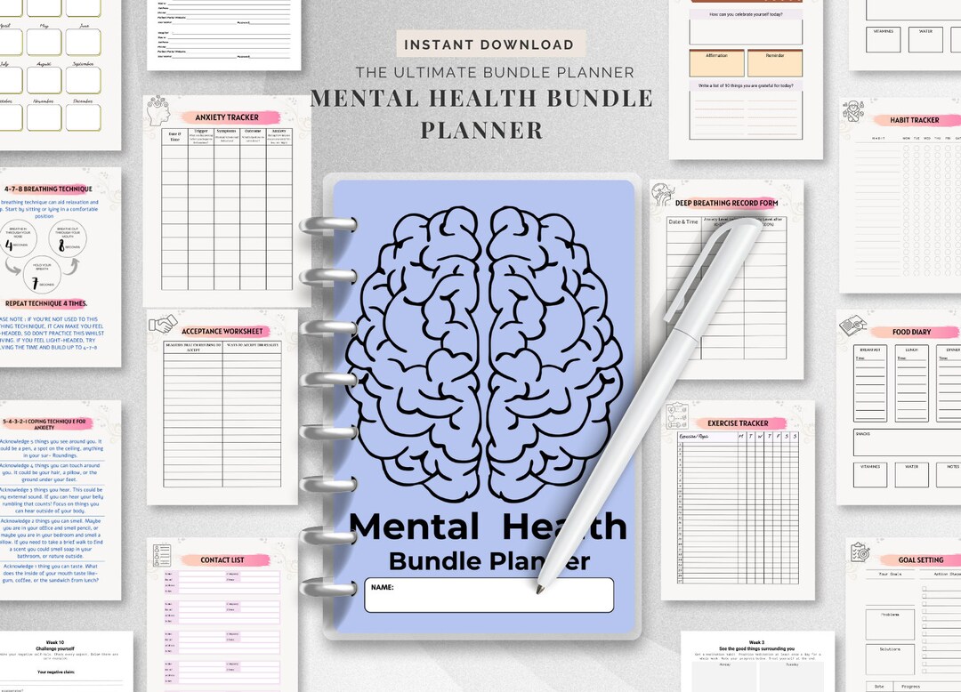 Mental Health Bundle Planner, Self Care Journal, Wellness Tracker ...