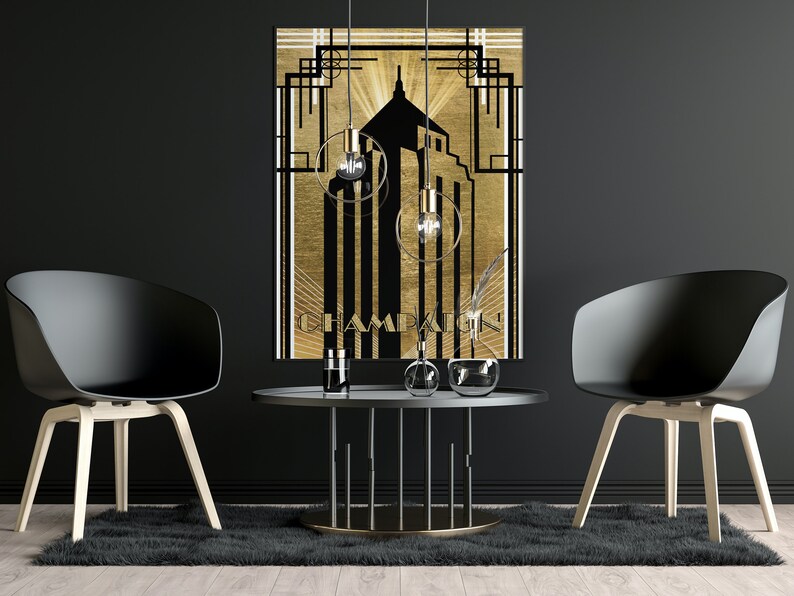 Champaign Illinois City Building Poster Print- Art Deco Style Black and ...