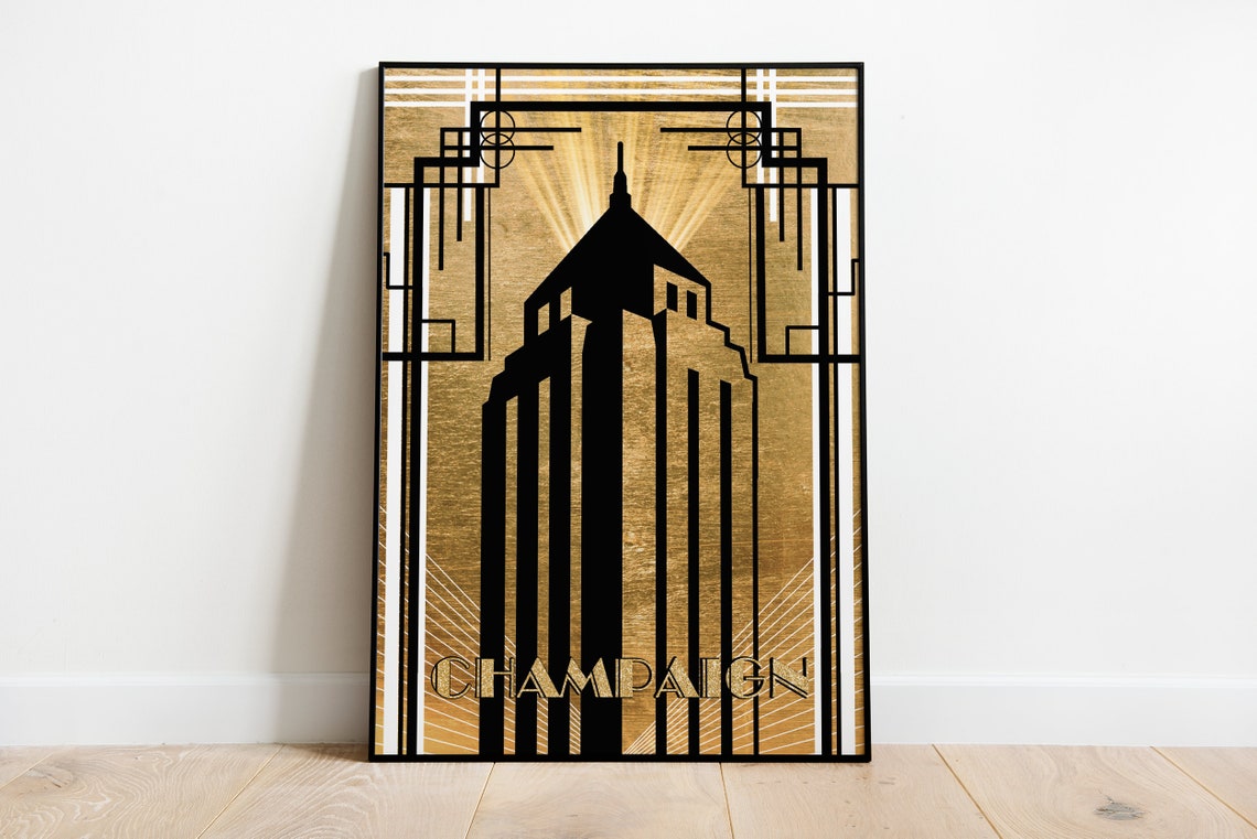 Champaign Illinois City Building Poster Print- Art Deco Style Black and ...