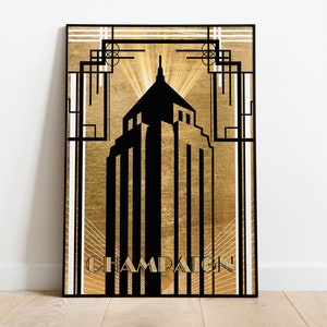 Champaign Illinois City Building Poster Print- Art Deco Style Black and ...