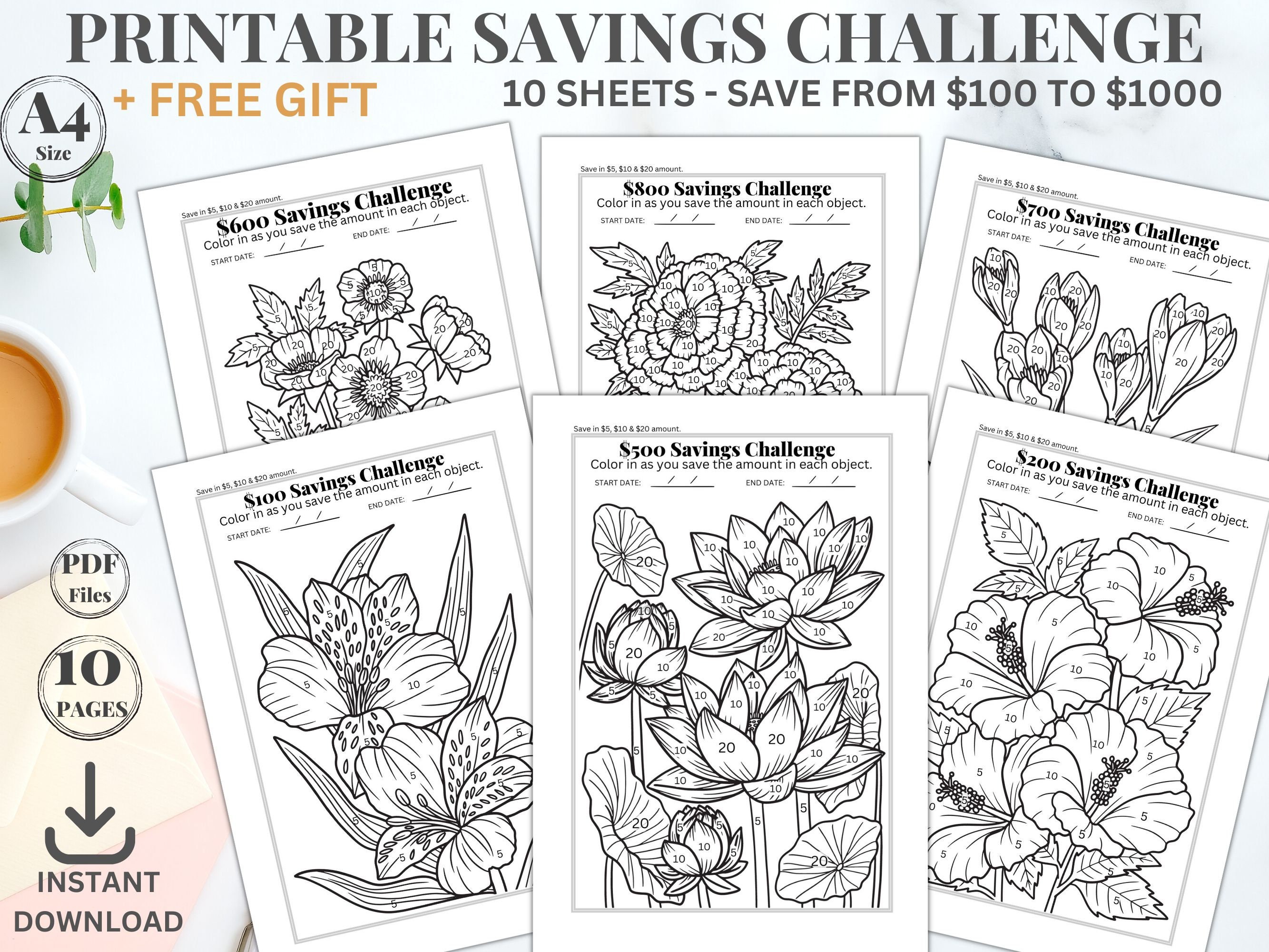 10 FLORAL Coloring Savings Challenge Tracker Printable Digital Money ...