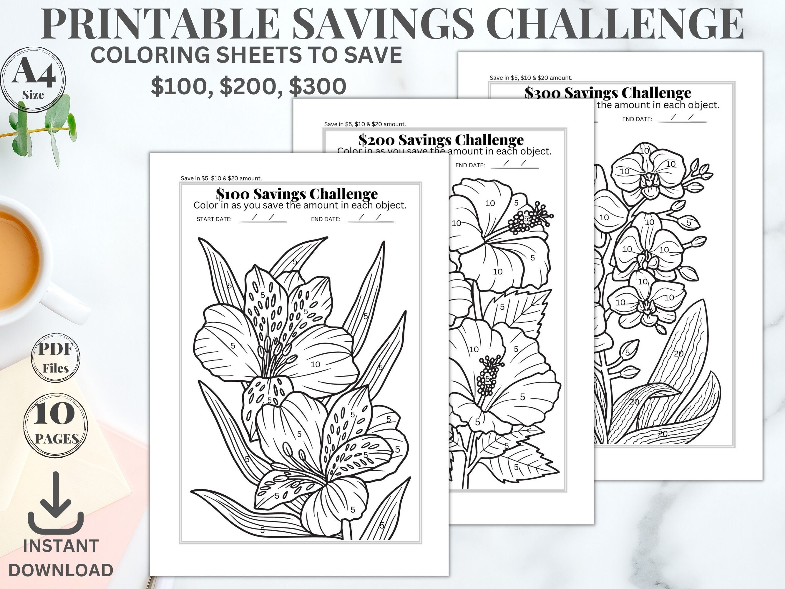 10 FLORAL Coloring Savings Challenge Tracker Printable Digital Money ...