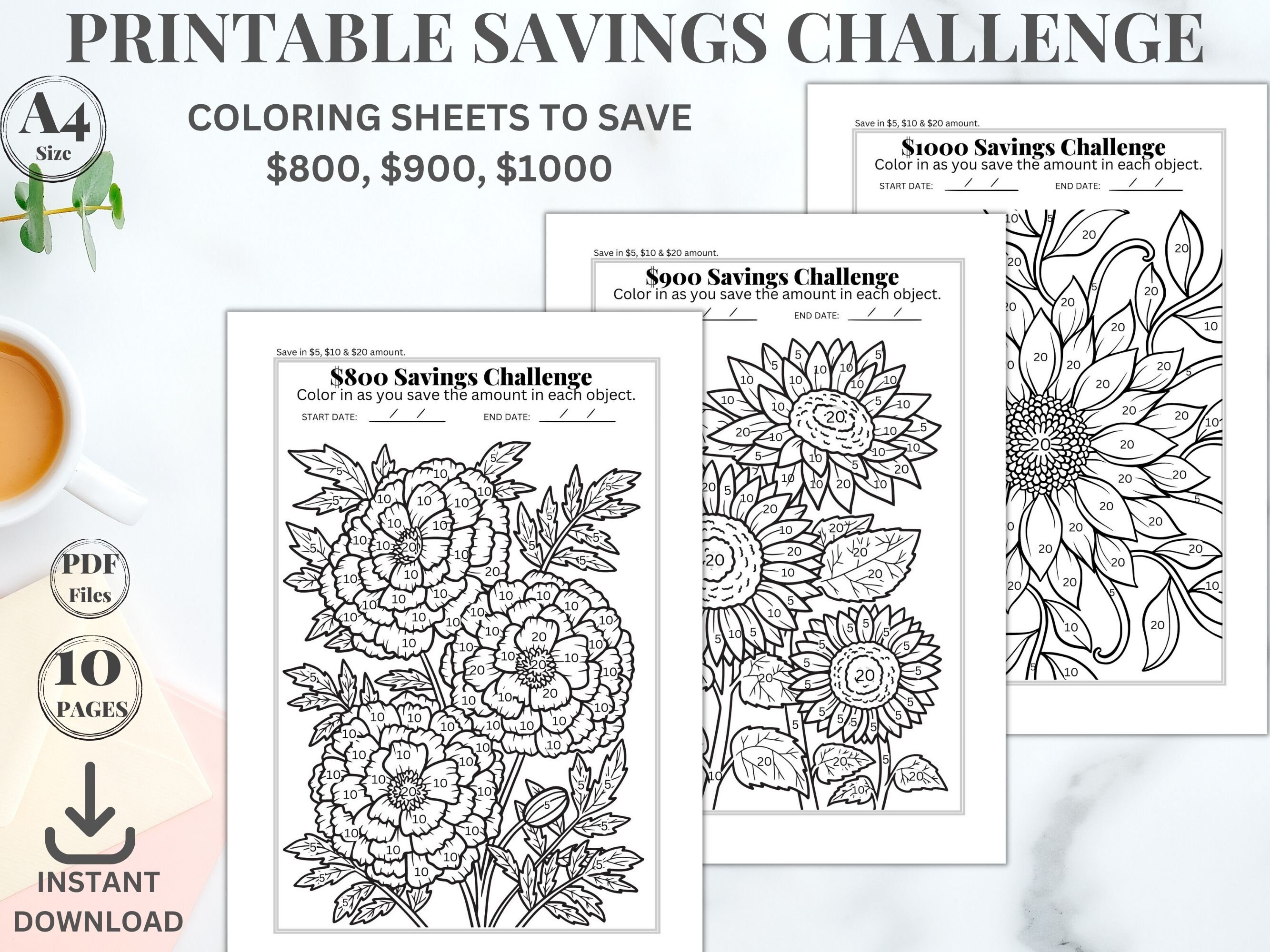 10 FLORAL Coloring Savings Challenge Tracker Printable Digital Money ...