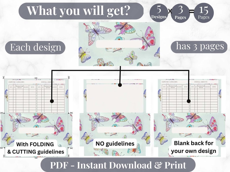 Butterfly & Flower Theme Printable Cash Envelopes, Set of 5, With ...