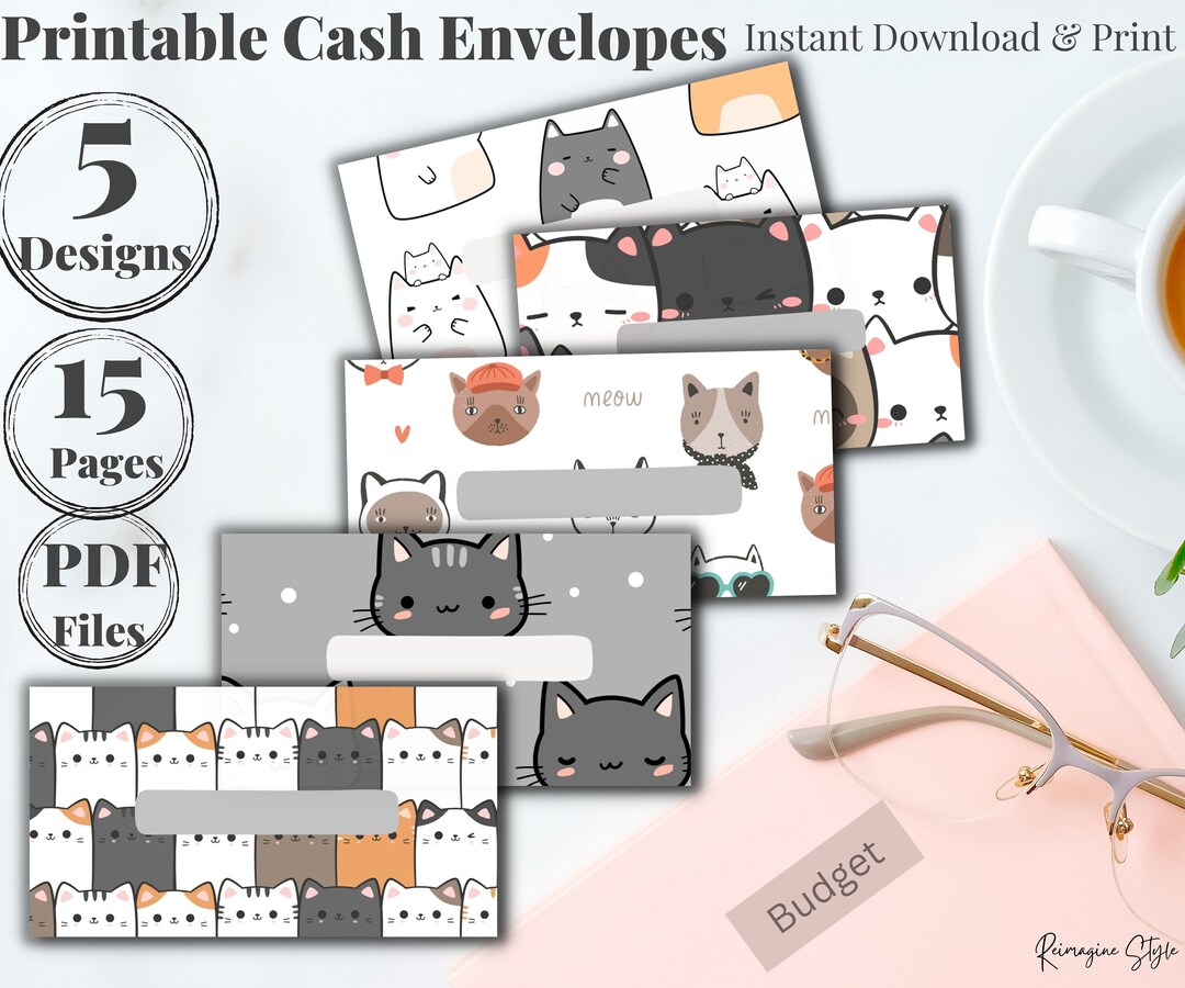 Cute Cats Printable Cash Envelopes, Set of 5, With Transaction Tracker ...