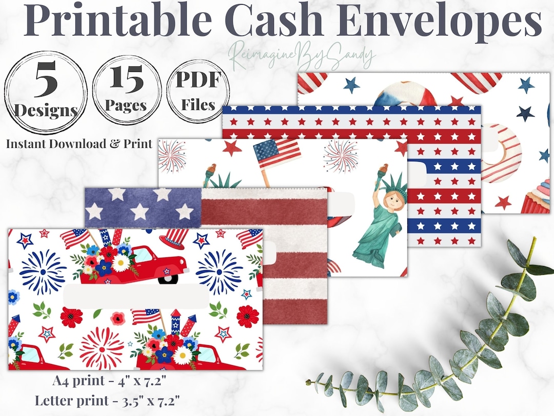 4th of July Theme Printable Cash Envelopes, Set of 5, With Transaction ...