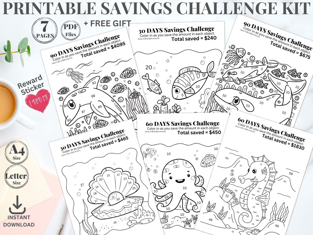 Ocean Animal Theme PRINTABLE Money Savings Challenge Tracker Kit ...
