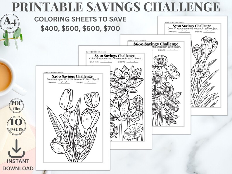 10 FLORAL Coloring Savings Challenge Tracker Printable Digital Money ...