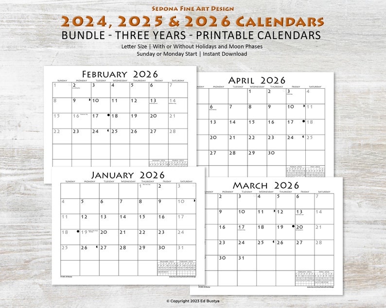 2024 2025 2026 Blank Calendars, Sunday-start or Monday-start, With ...