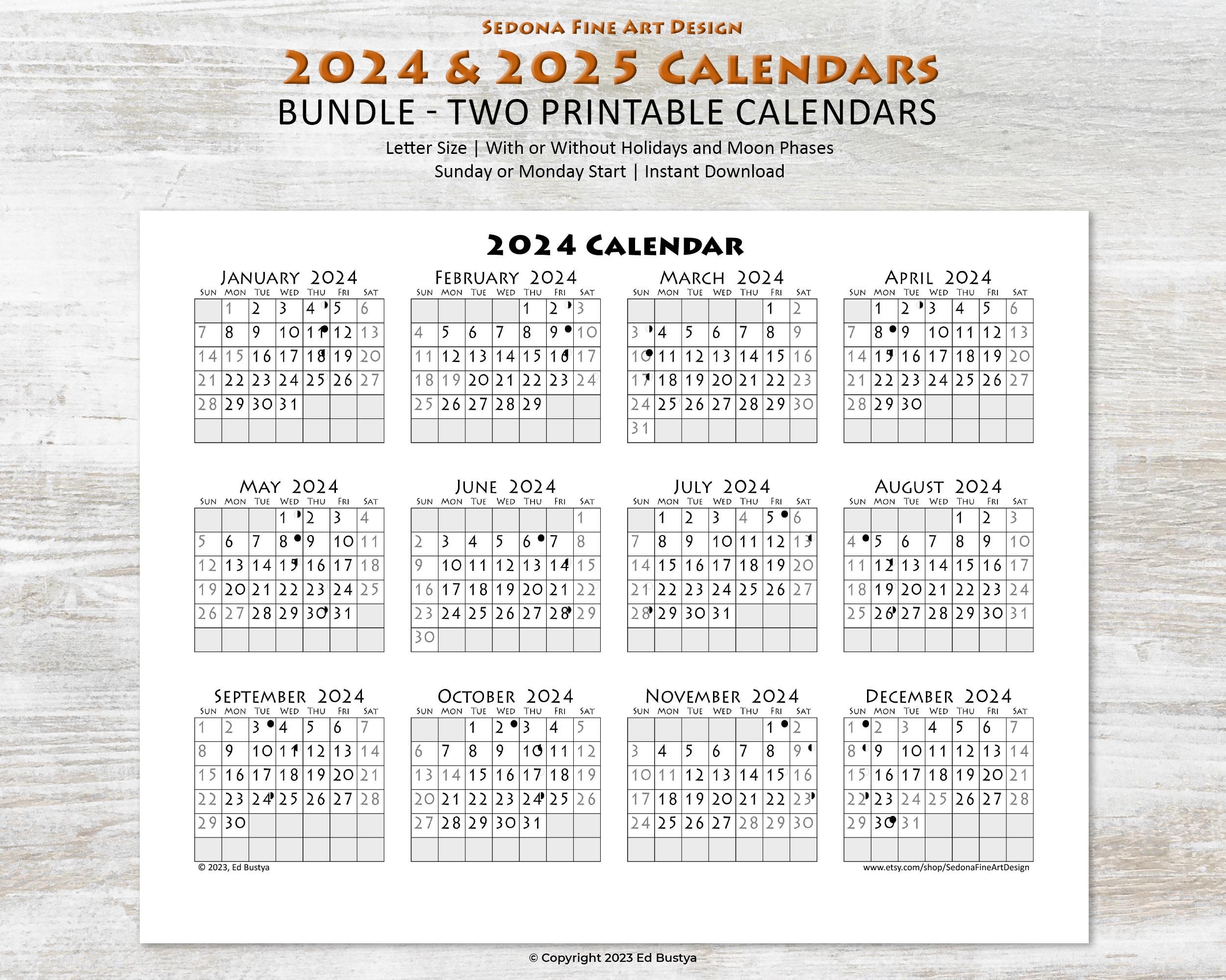 2024 and 2025 Blank Calendars, Sunday-start or Monday-start, With ...