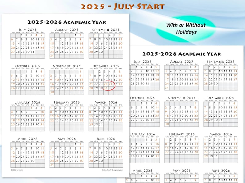 2025 2026 Academic Calendar July Start, Printable Year-on-a-page Back ...